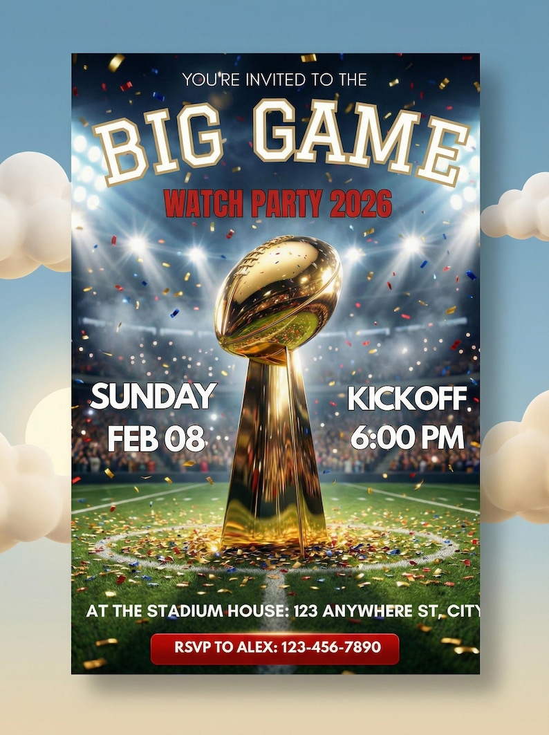 Super Bowl 2026 Watch Party Invitation, Editable Football Invite (canva ...
