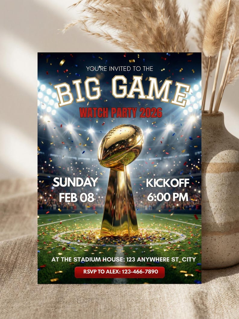 Super Bowl 2026 Watch Party Invitation, Editable Football Invite (canva ...