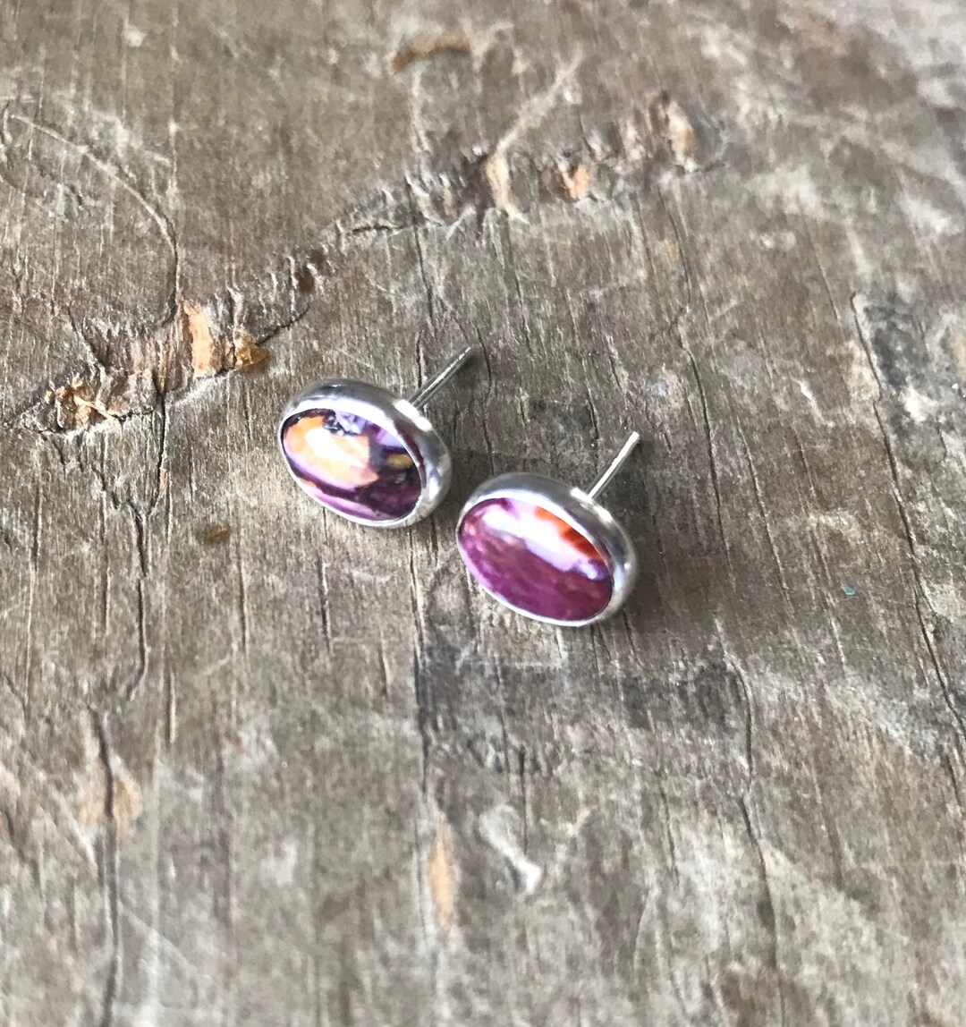 Oval Purple Stud Earrings Sterling Silver Purple Oyster Gemstone Stud Earrings Sterling Purple ...