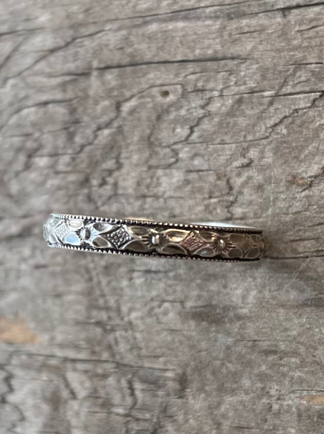 Floral Ring Band Sterling Silver Flower Ring Band Rustic Sterling ...