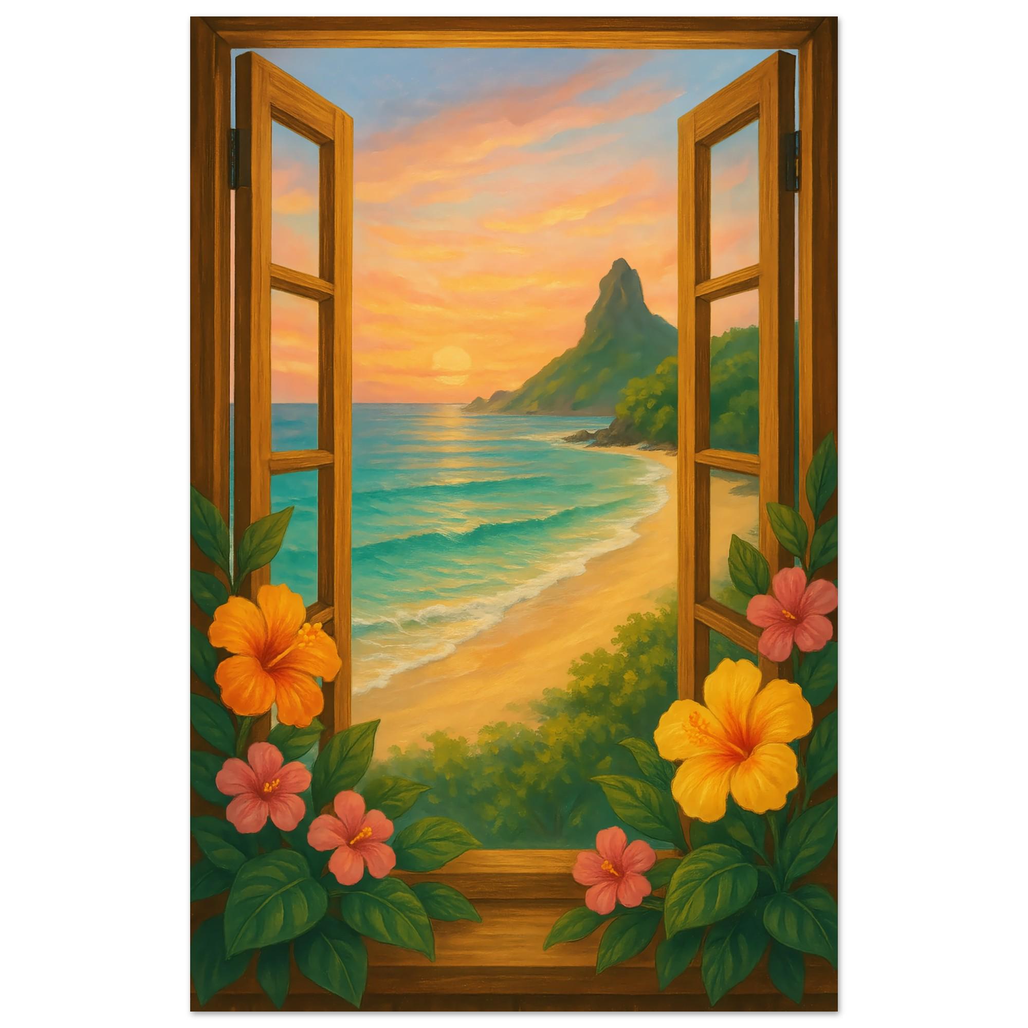 Beach Sunset Poster • Tropical Ocean Window View Wall Art • Coastal ...