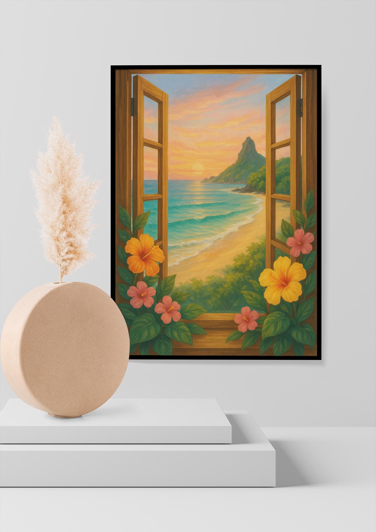 Beach Sunset Poster • Tropical Ocean Window View Wall Art • Coastal ...