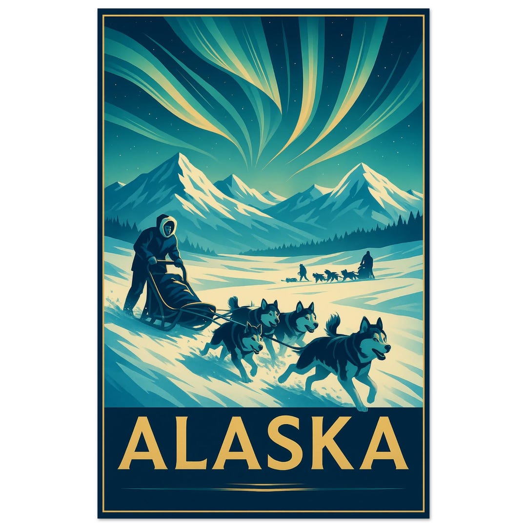 Art Deco Alaska Poster: Iditarod Dog Sled Race, Northern Lights Print ...