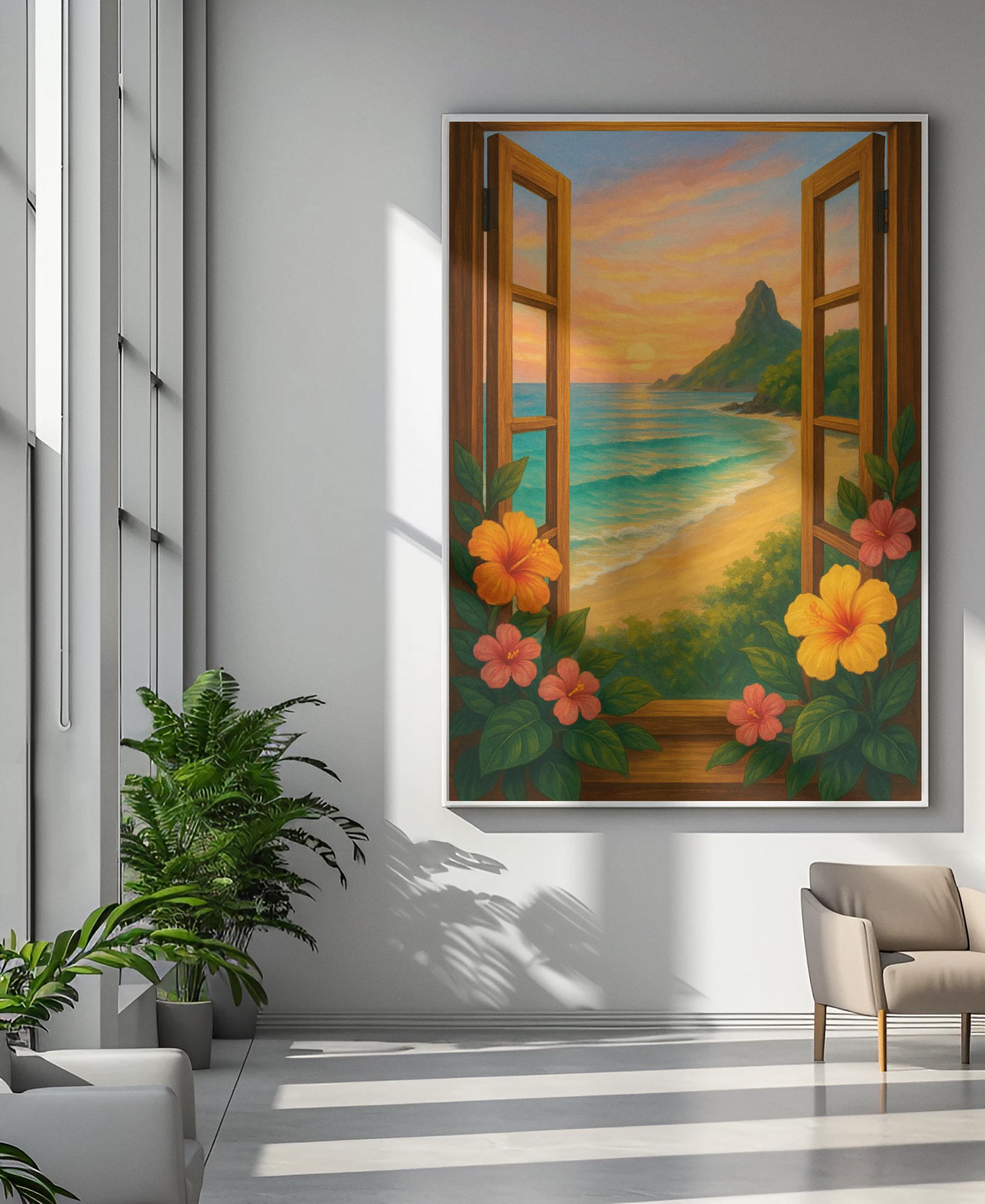 Beach Sunset Poster • Tropical Ocean Window View Wall Art • Coastal ...