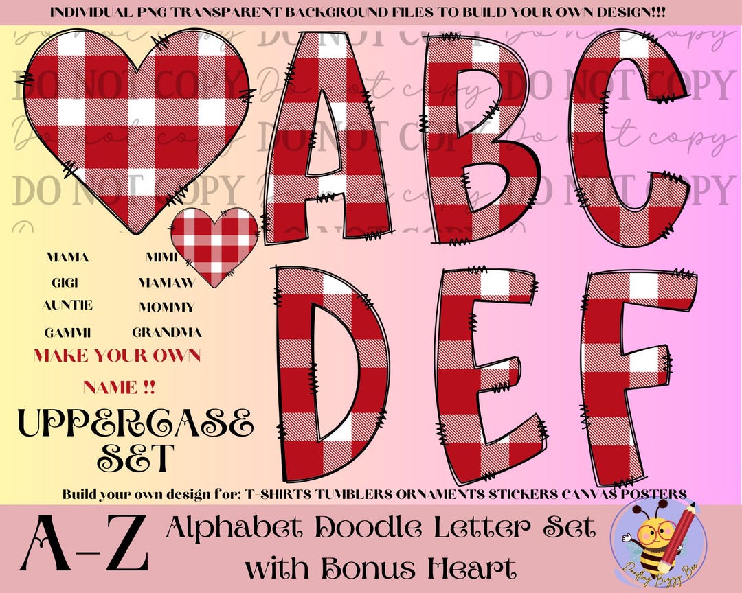 Red Buffalo Check Doodle Letters BUNDLE PNG Transparent Background ...