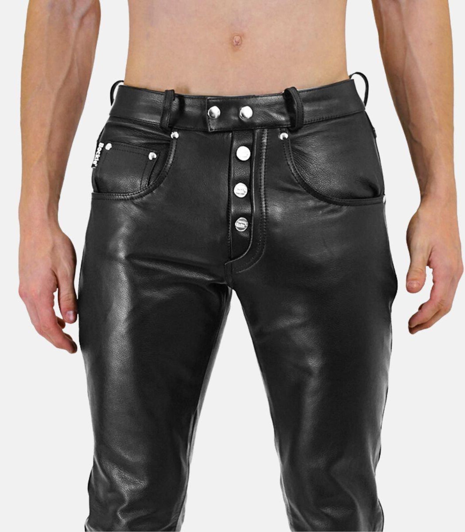 Handcrafted Men’s Black Leather Pants With Button Placket Closure - Etsy