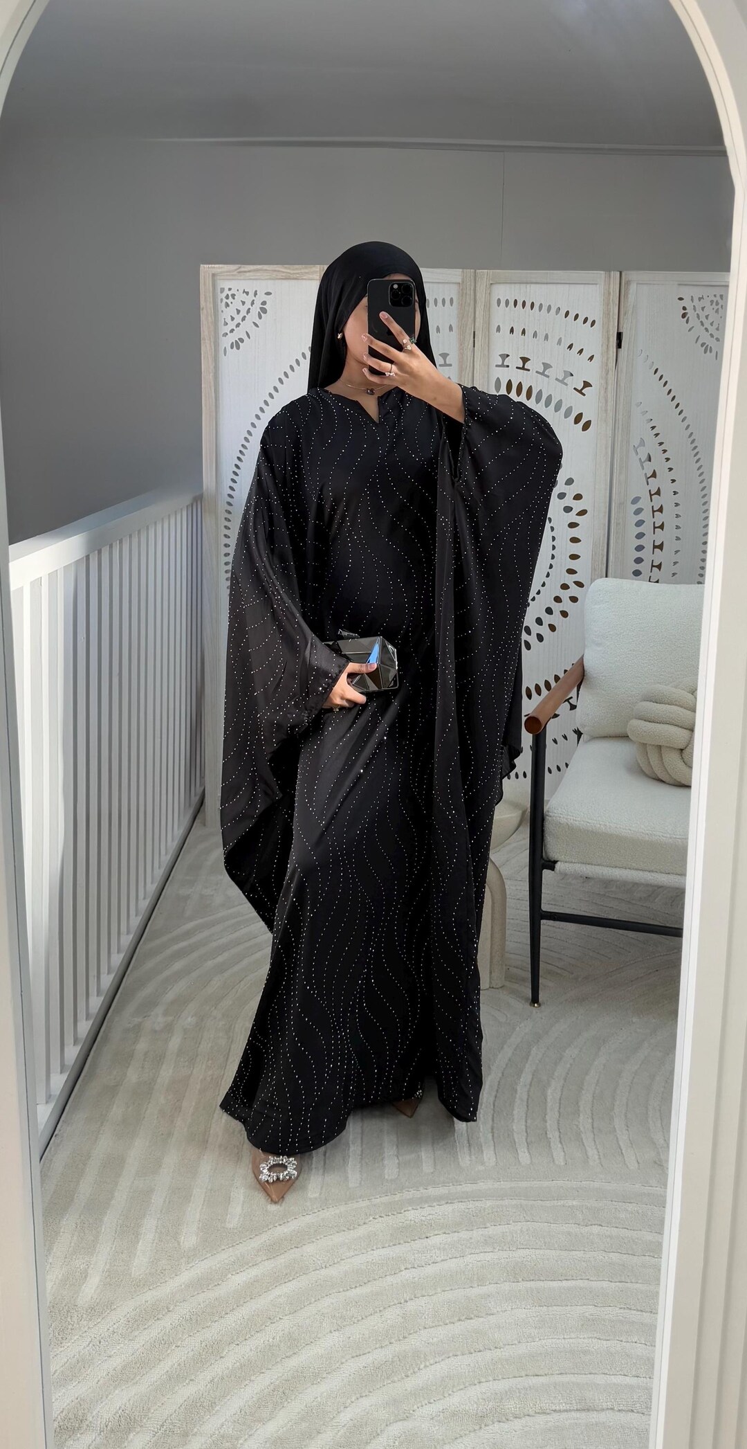 Rhine Stone Studded Shimmer Satin Dress Batwing Abaya With Inner Belt ...