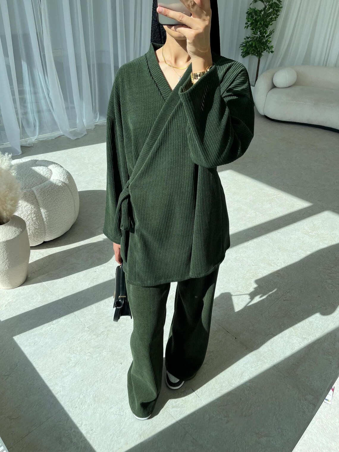 Women’s Winter Coudroy Rib Warp Over Kimono Style Matching Coord Set ...
