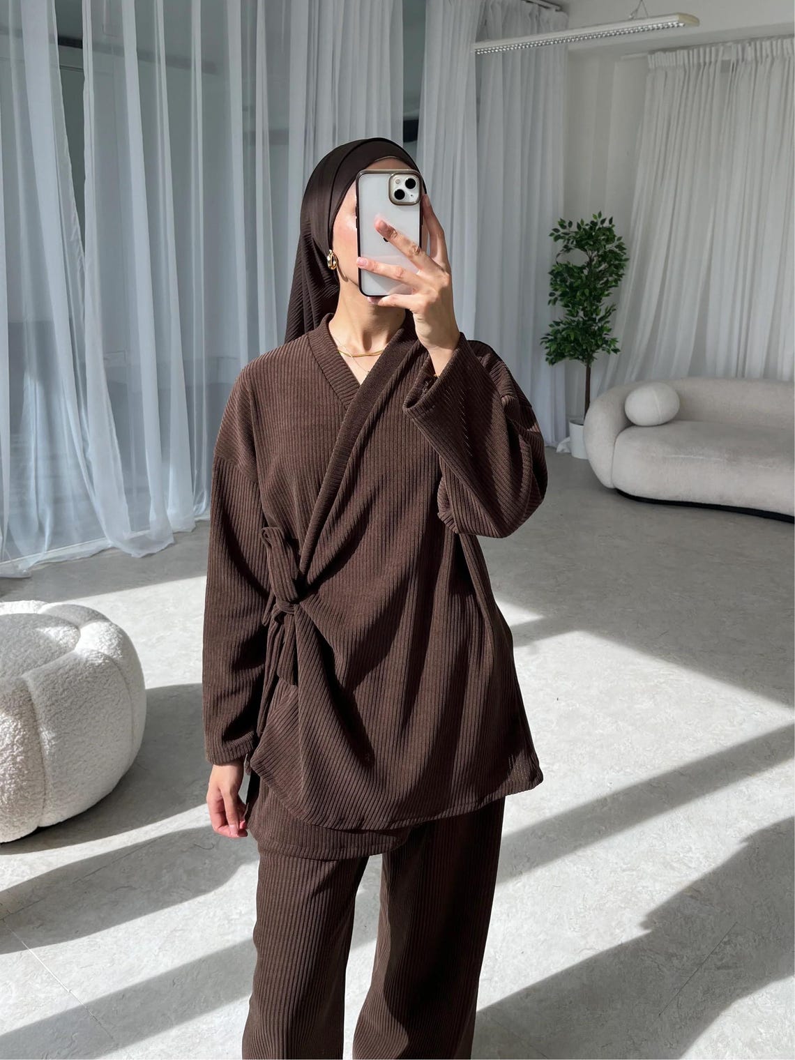 Women’s Winter Coudroy Rib Warp Over Kimono Style Matching Coord Set ...