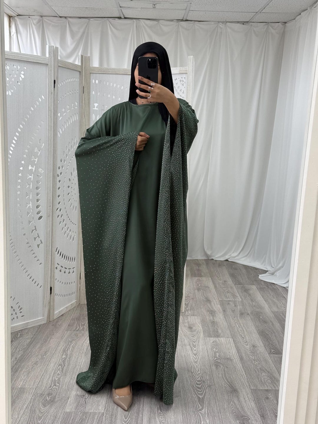 Batwing Abaya With Beaded Sleeves and Inner Belt | Modest Satin Abaya ...