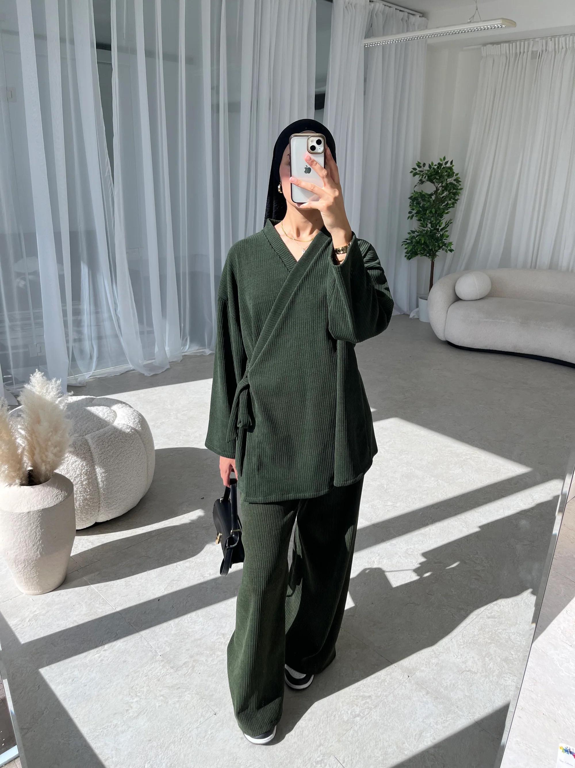 Women’s Winter Coudroy Rib Warp Over Kimono Style Matching Coord Set ...