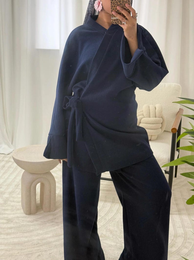 Women’s Winter Coudroy Rib Warp Over Kimono Style Matching Coord Set ...