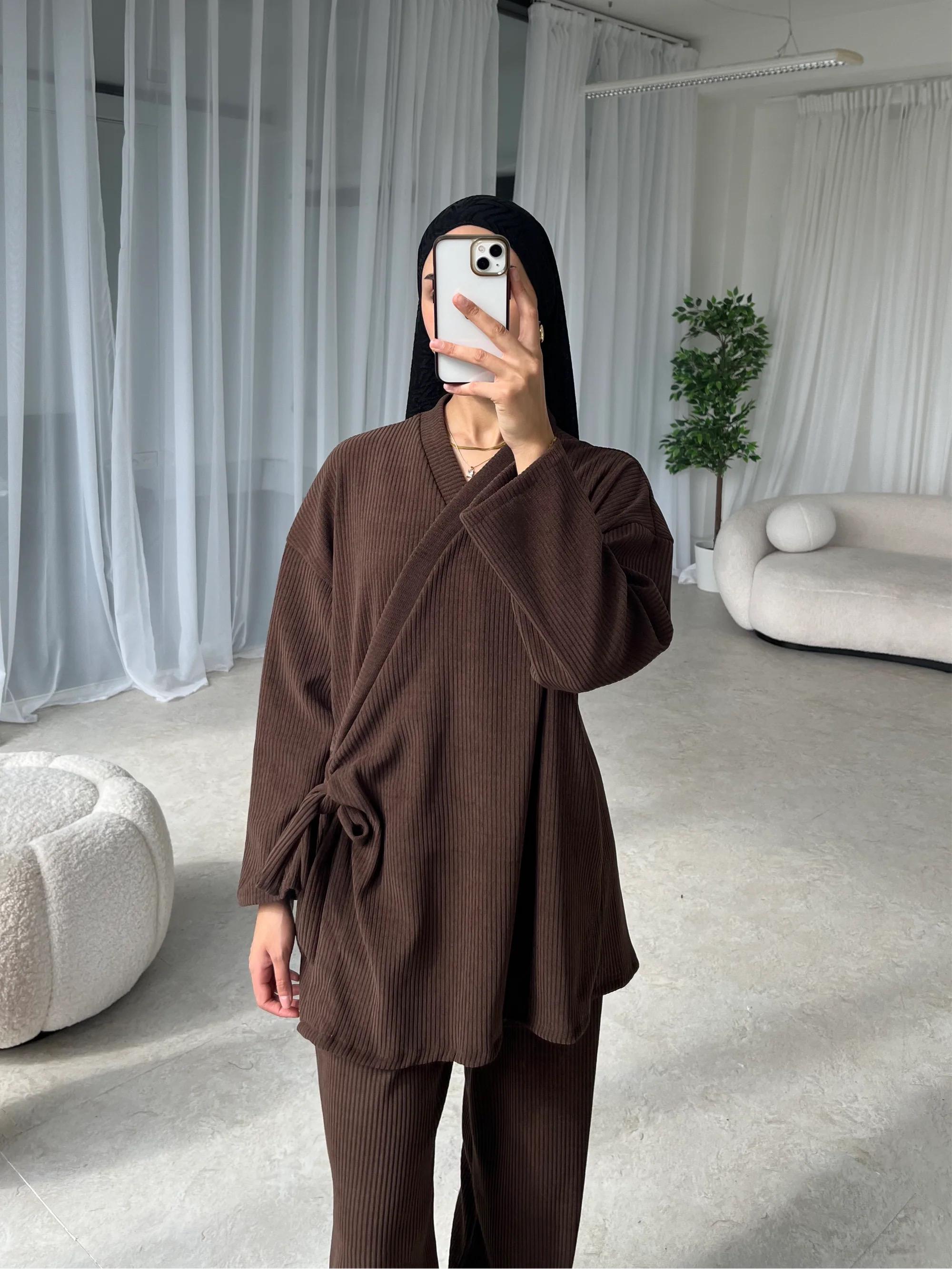 Women’s Winter Coudroy Rib Warp Over Kimono Style Matching Coord Set ...