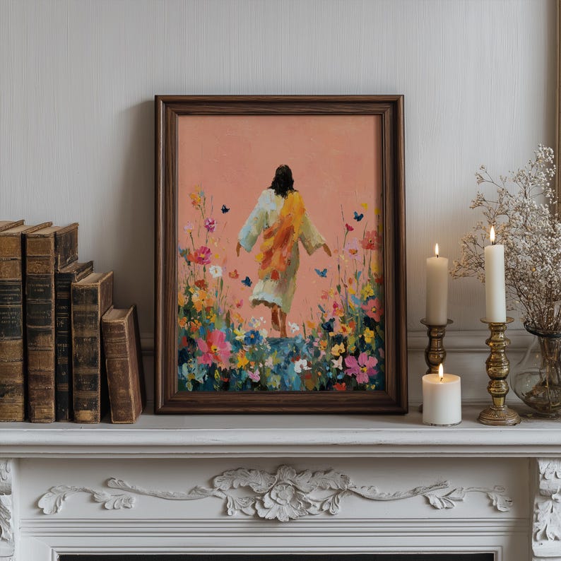 Love of Christ, Christian Art, Jesus in Colorful Flower Field Print ...