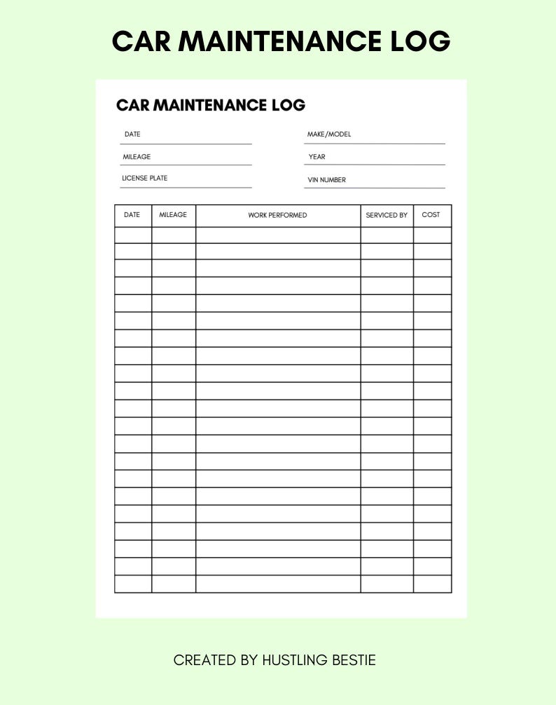 Car Maintenance Log Book - Etsy