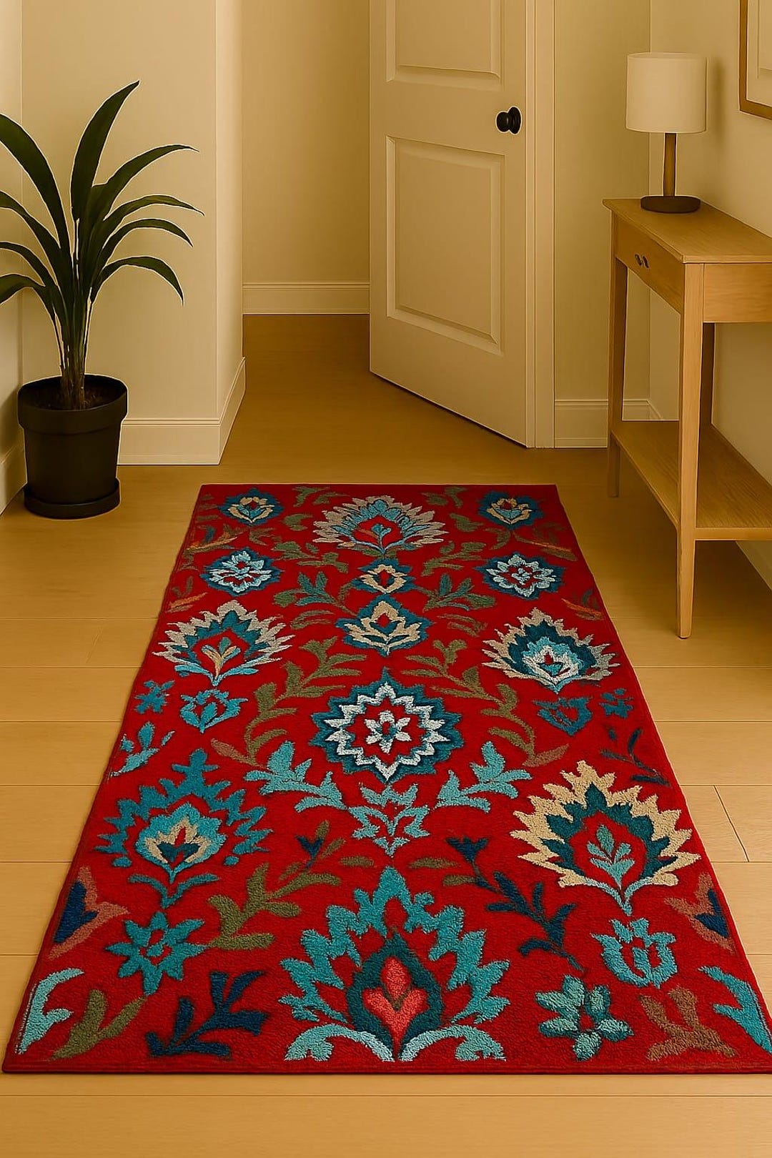 Red Floral Pattern Handmade Wool Rug – Vibrant Blue & Teal Botanical ...