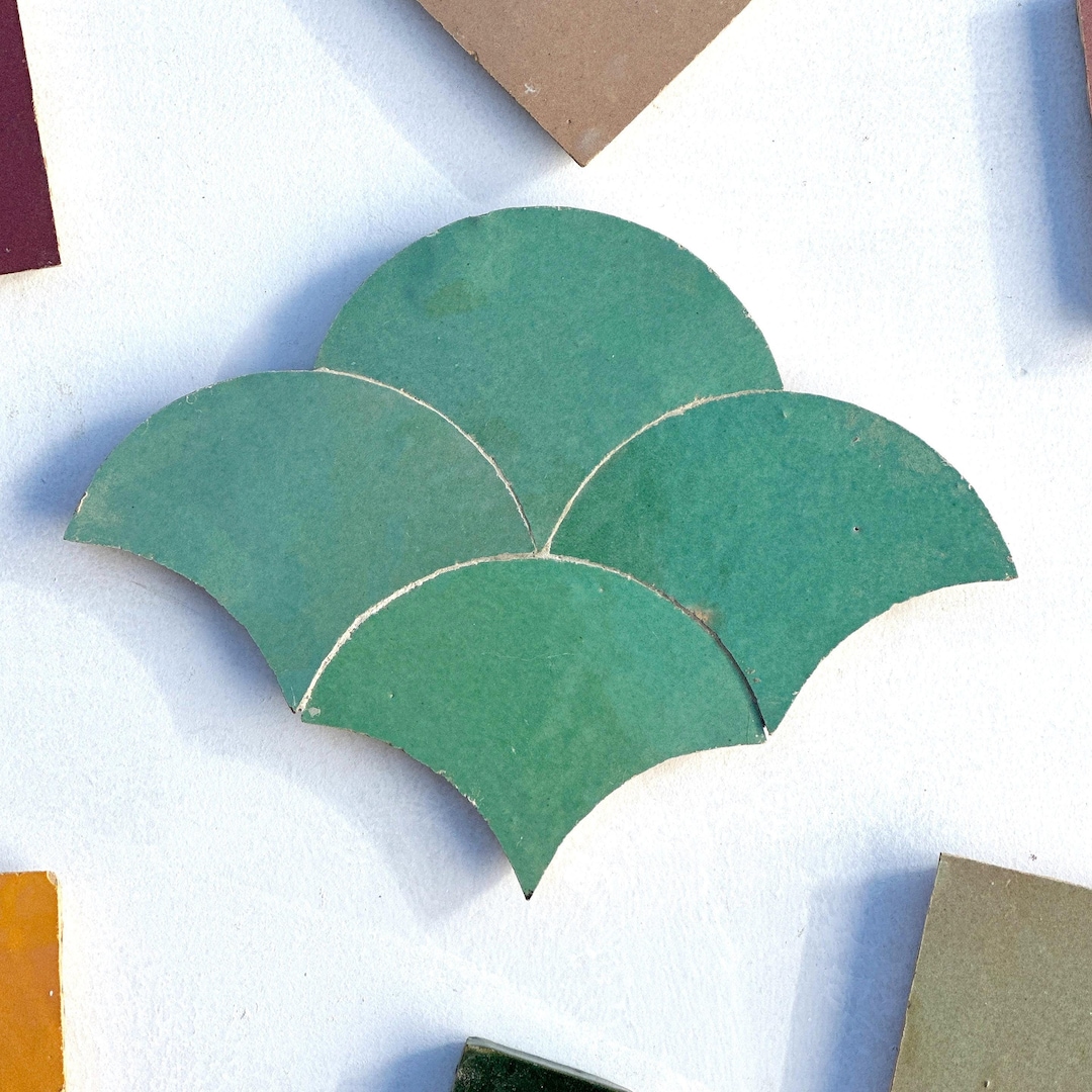 Custom Made 4" X 4" Verdant Jade Green Fish Scale Zellige Tiles ...