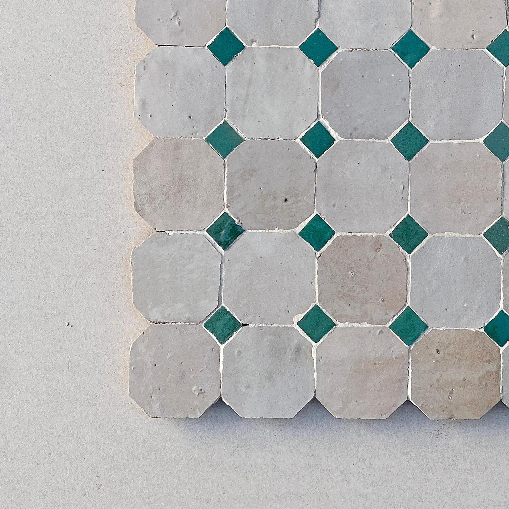 Custom Made White Octagon & Green Dot Zellige Mosaic Tiles - Geometric ...
