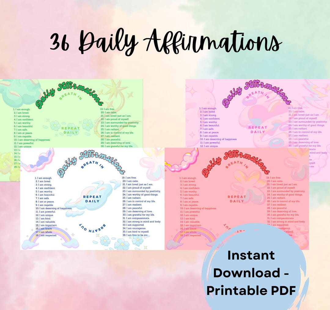 36 Positive Daily Affirmations Printable | Motivational & Mindfulness ...