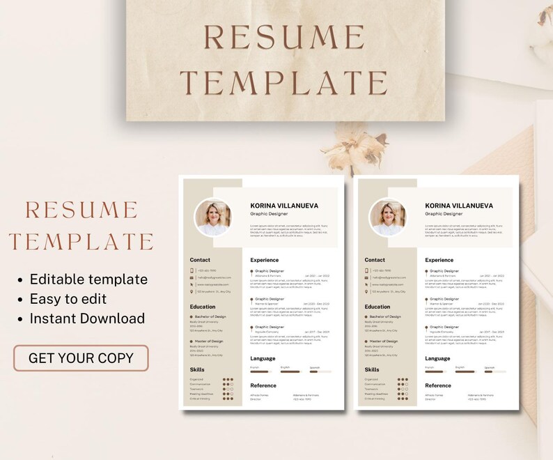 Minimalist Resume Template: White and Beige Professional CV (digital ...