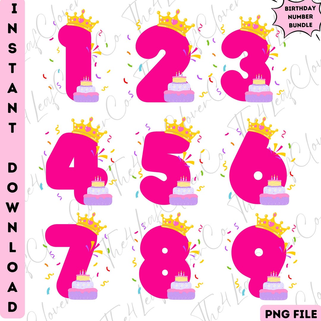 Birthday Numbers for Girl PNG Bundle, Princess Birthday Number Png ...