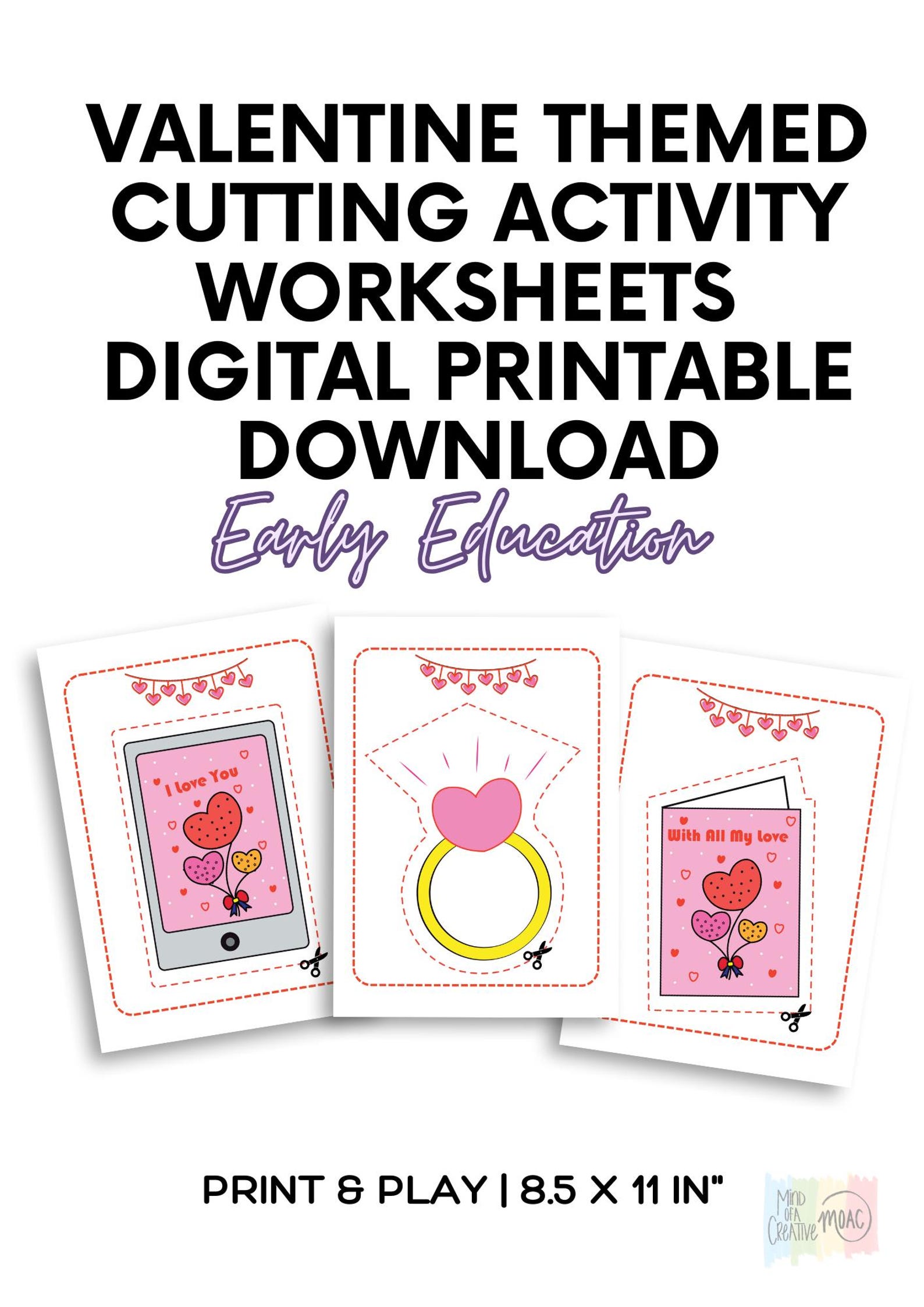 Valentines Love Themed Cutting Practice Worksheets, Preschool Scissor ...