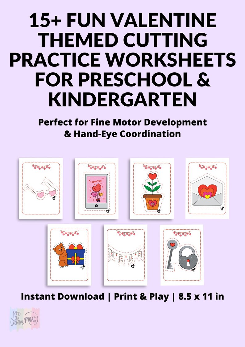 Valentines Love Themed Cutting Practice Worksheets, Preschool Scissor ...