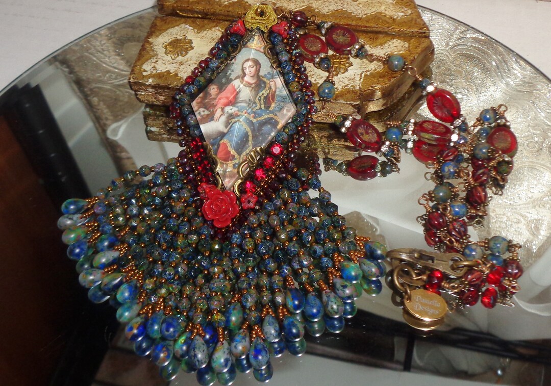 Madonna, Divine Shepherdess, Mary Bead Embroidery Fringe Necklace ...