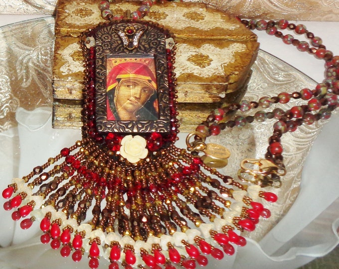 Mary Icon Shrine Bead Embroidery Necklace Pendant Pamelia - Etsy