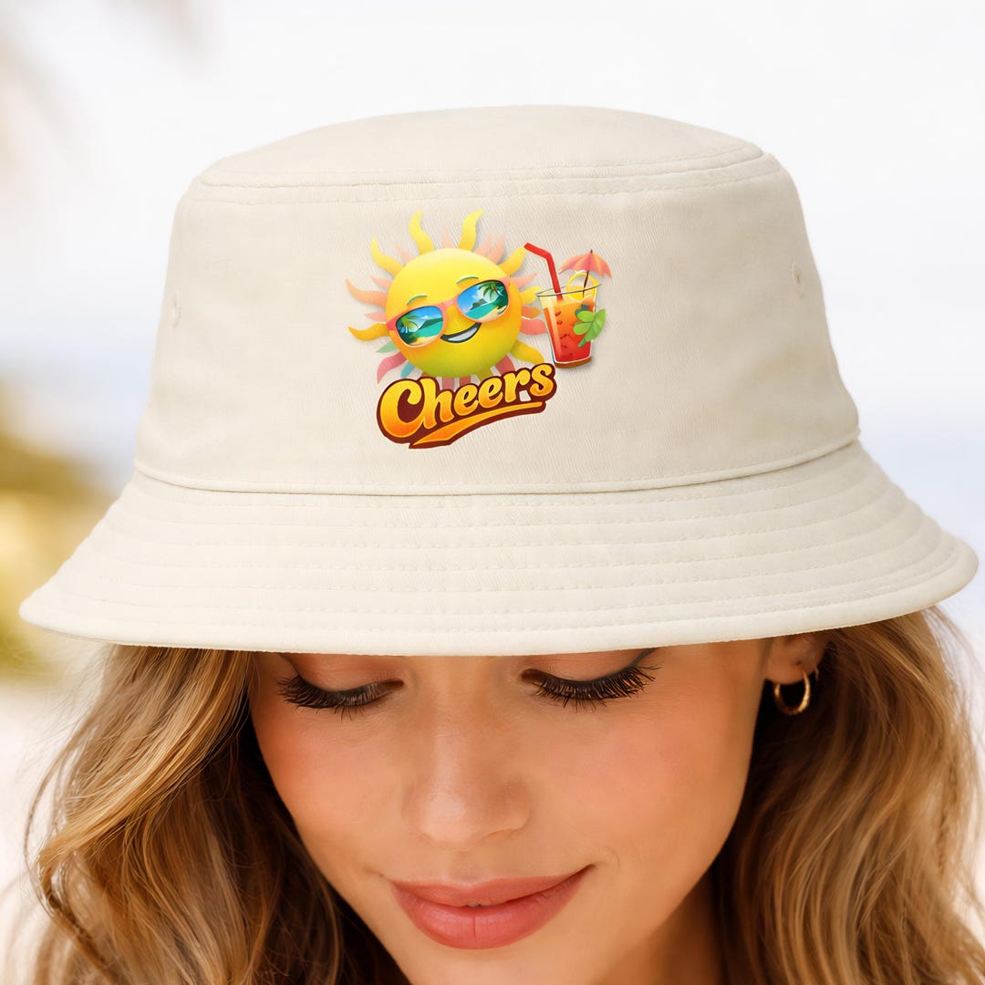 Sun With Sunglasses Cheers Bucket Hat | Summer Tropical Drink Graphic ...