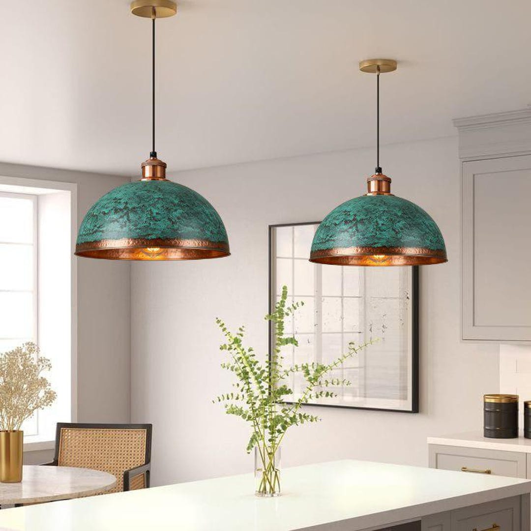 Verdigris Patina Copper Pendant Light – Modern Kitchen Island Lighting ...
