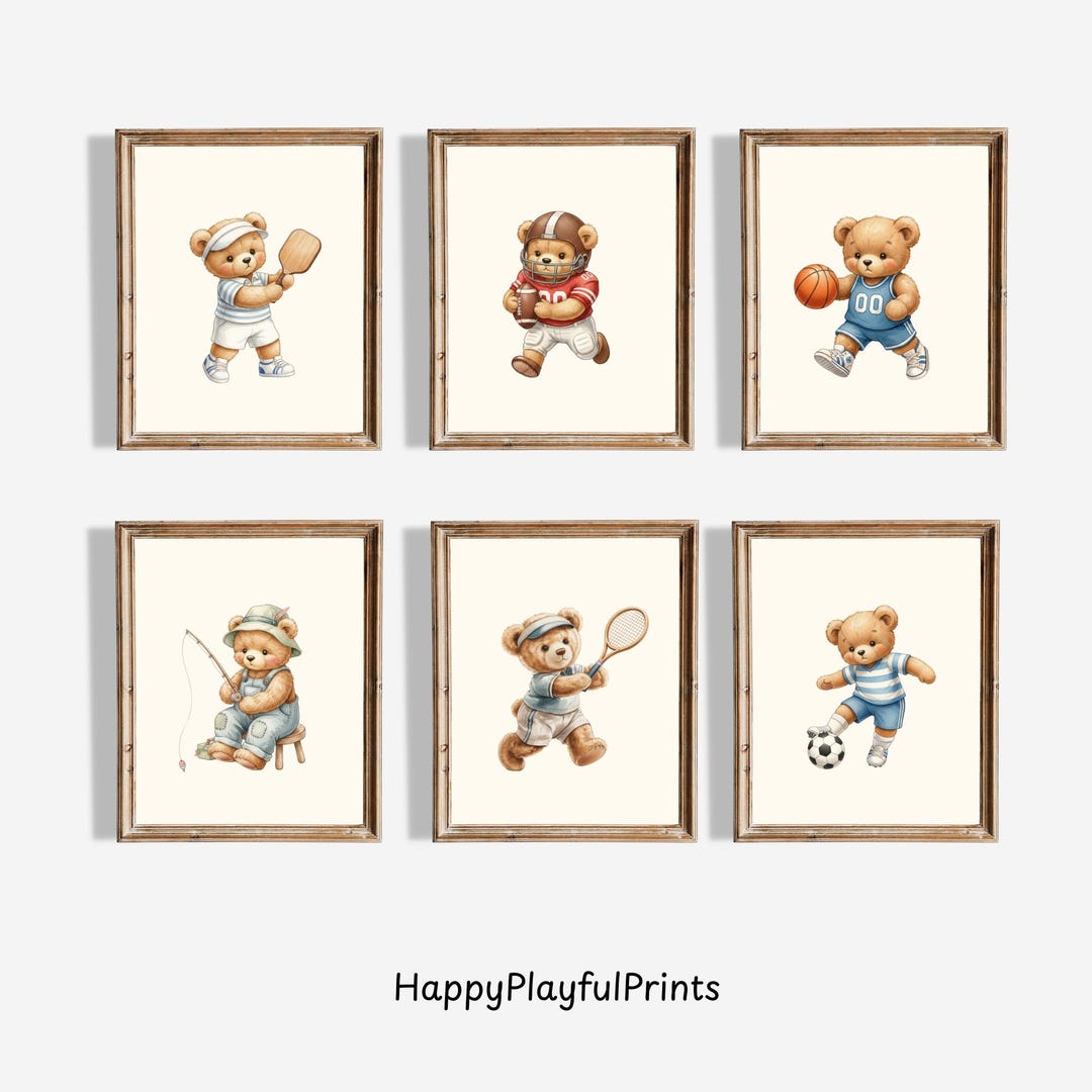 Set of 6 Vintage Teddy Bear Sports Wall Art, Babyshower Gift Boy ...