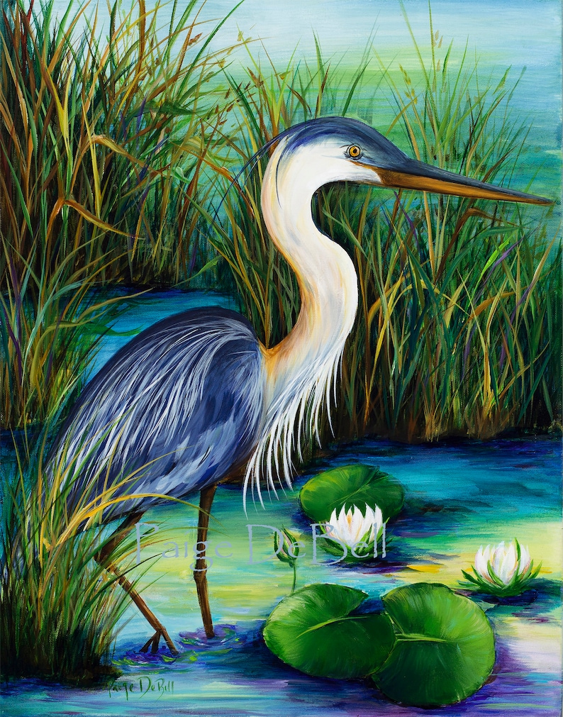 BLUE HERON in the LILIES Painting ** 11" X14" Print of Original New ...