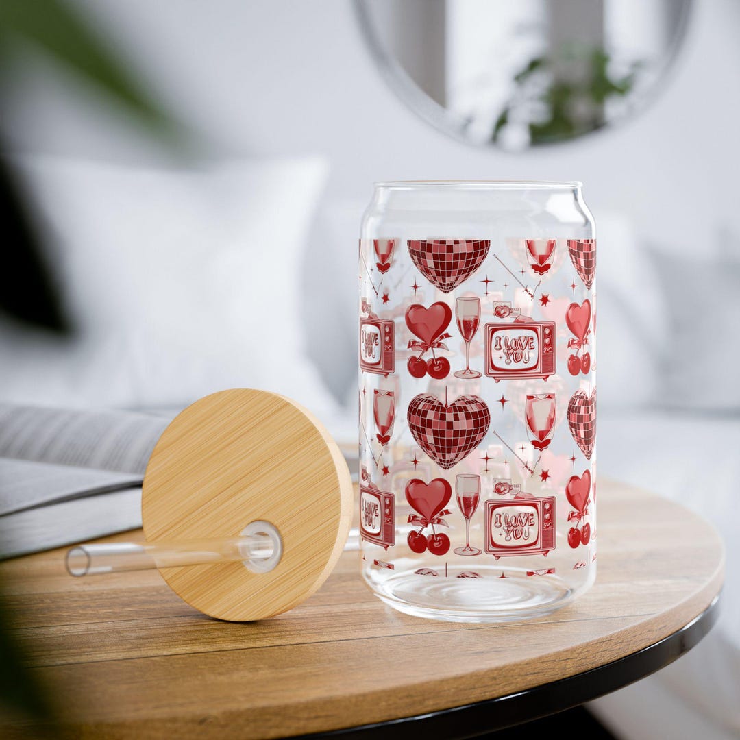 Love-theme Sipper Glass Cute 16oz Drinkware for Valentine's, Romantic ...