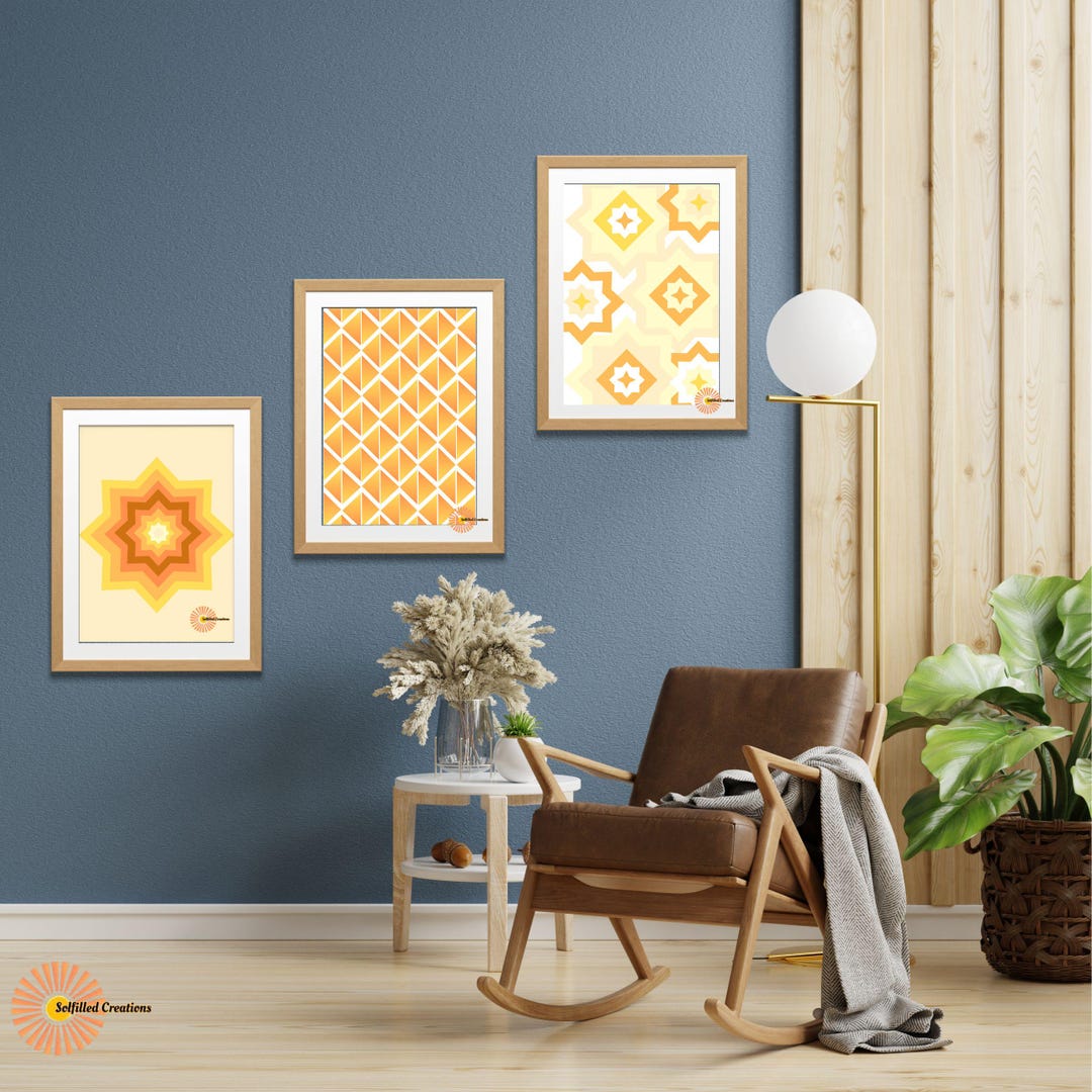 Orange Stars and Diamonds Art Print Set: Mid-century Modern Wall Decor ...