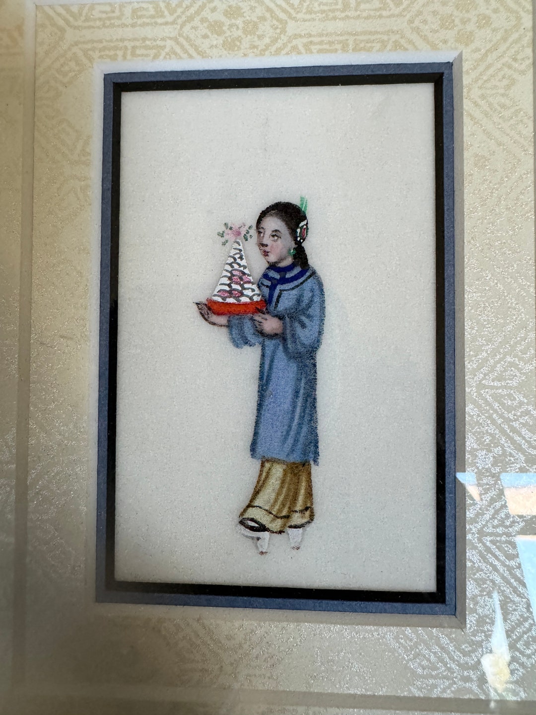 A Manchu Girl Gouache Miniature Painting in Gilt Bamboo Frame 2" X 3.5 ...