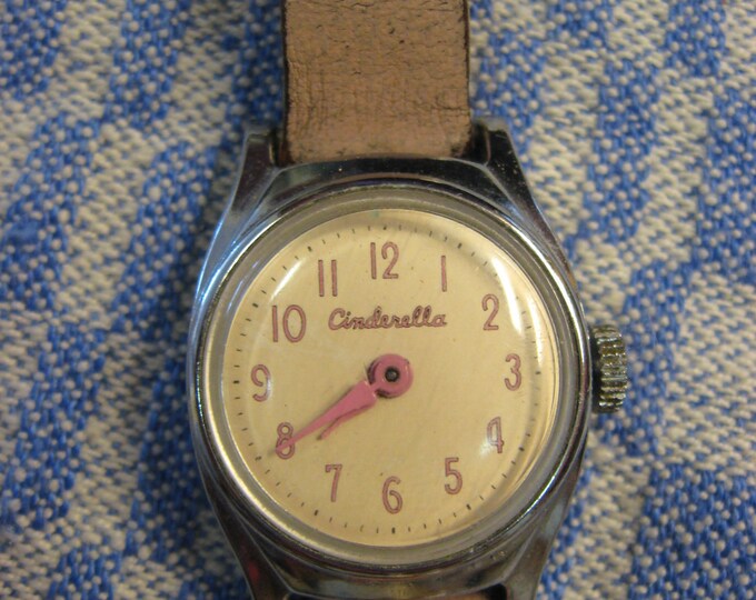 Vintage Cinderella Watch With Pink Leather Band Pink Hands Pink Numbers ...