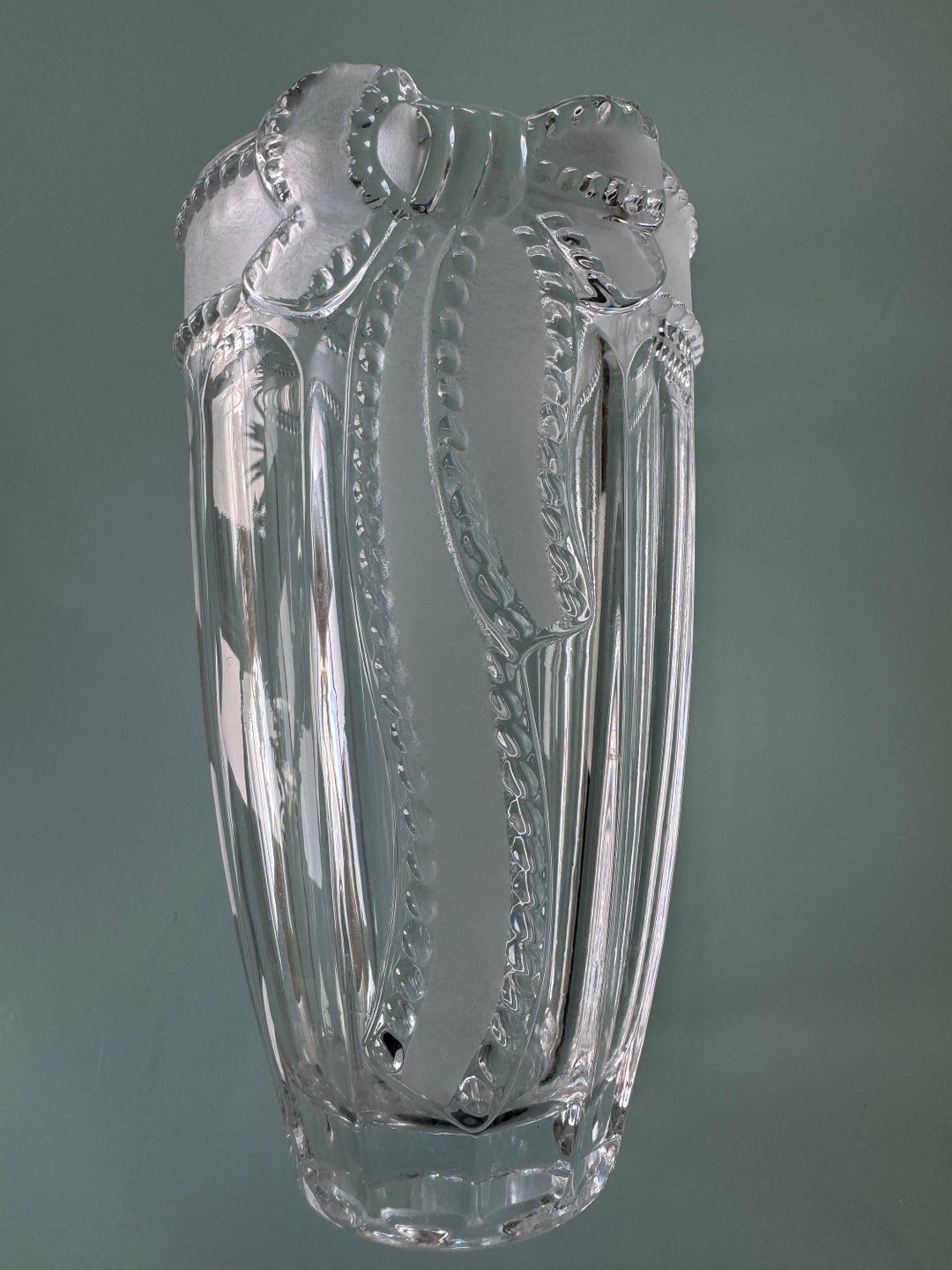 Vintage Glass Vase Ornate Pattern Glass Clear Glass Vase Frosted Ribbon ...