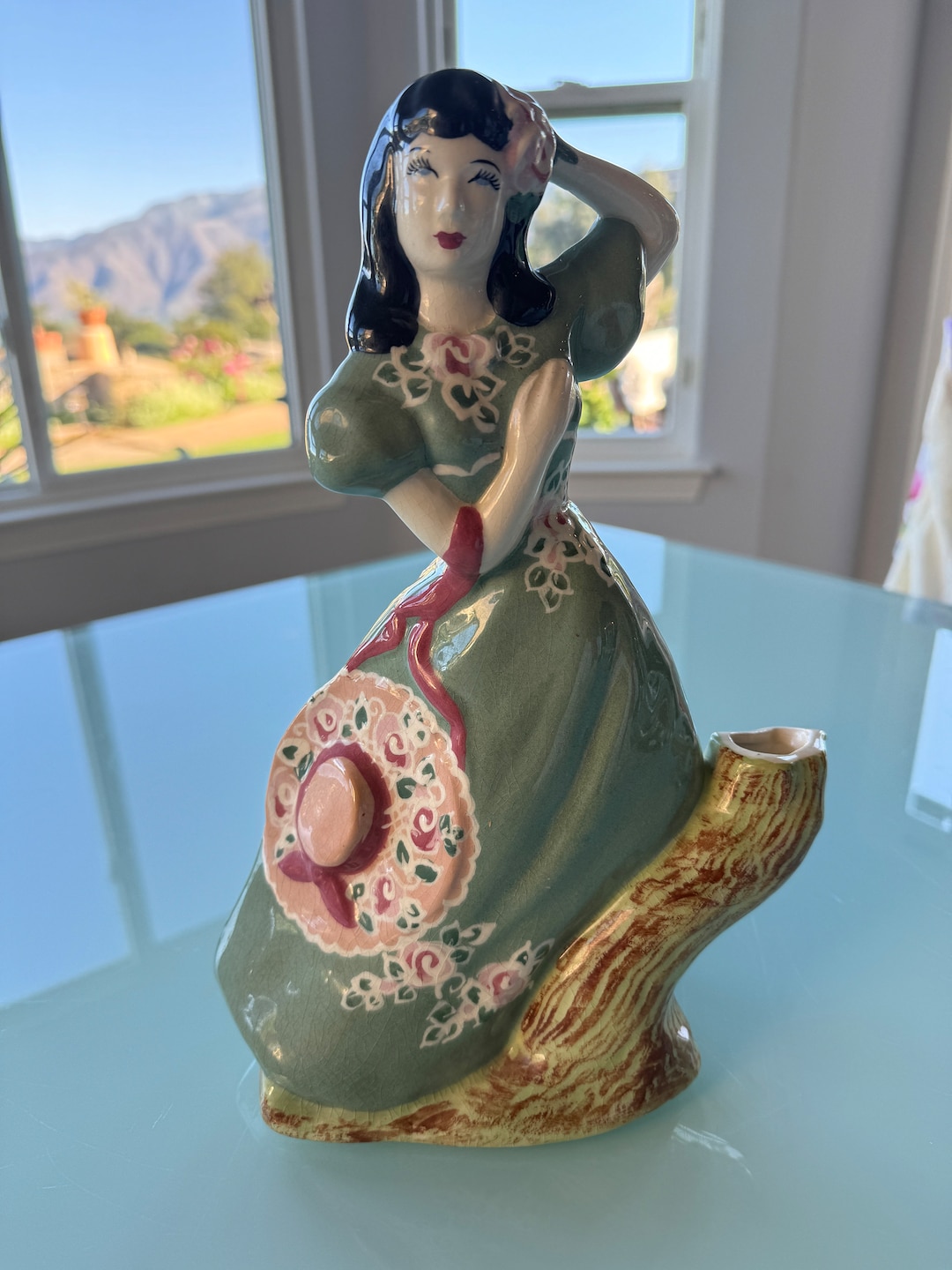 Weil Ware California Pottery Lady Woman Figurine Vase Green Dress Pink ...