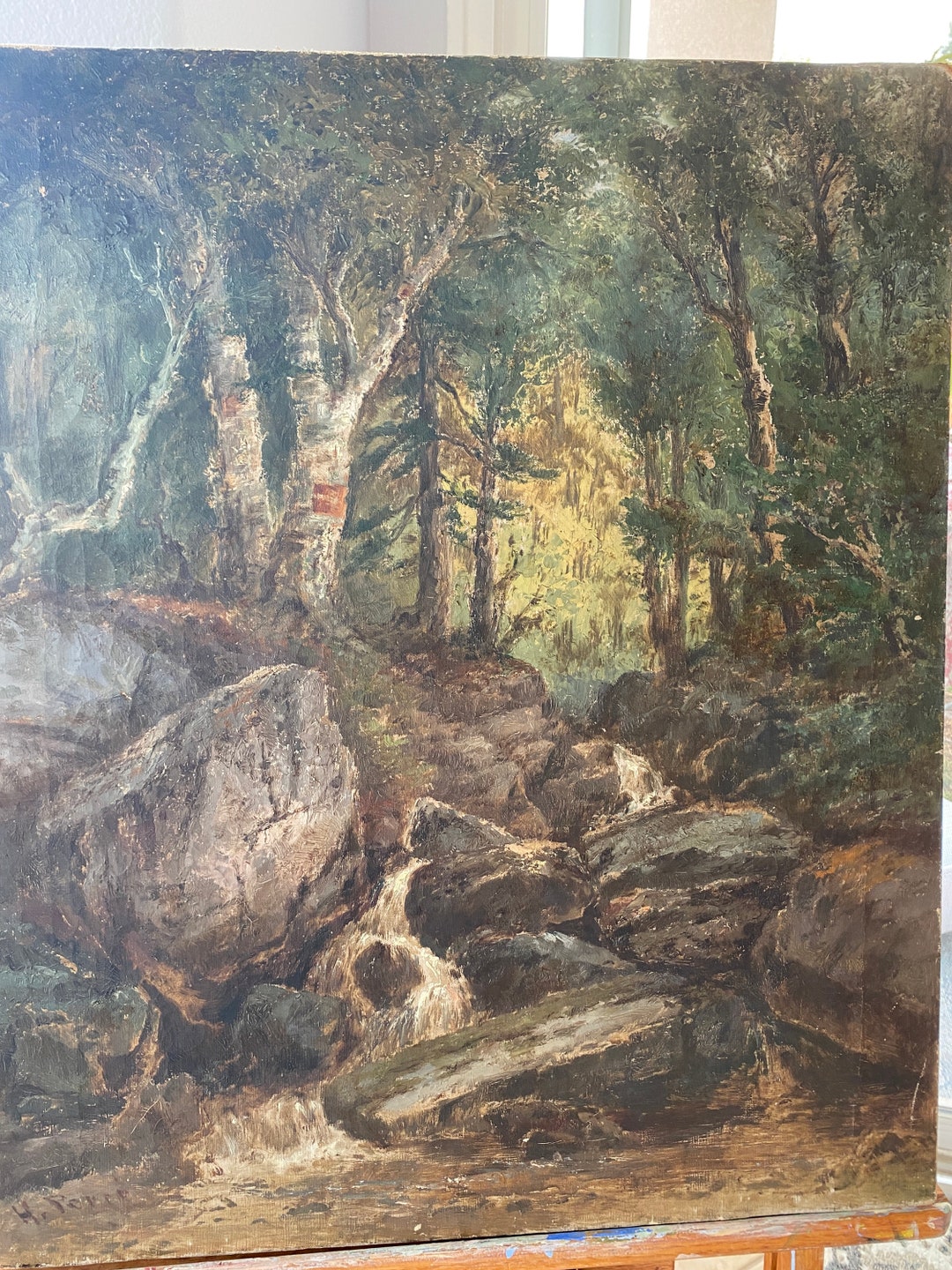 Antique Dark Oil Painting Forest Woods Trees Stream 1850 - 1870's Oil ...