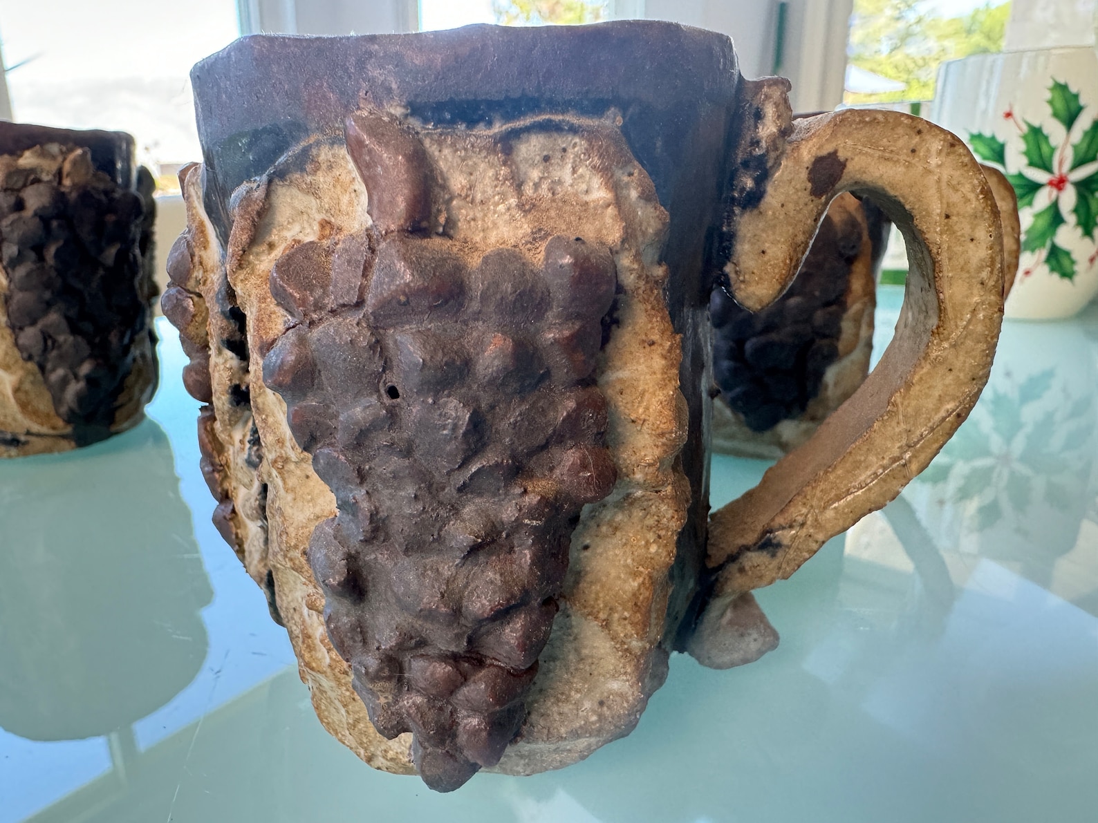 Brutalist Mug Set Signed Art Pottery C1960 GRAPE CLUSTERS Vineyard Gift ...