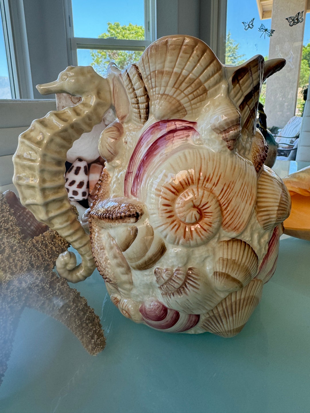 Majolica Seashell, Starfish & Seahorse Pitcher by Pacific Rim, Great ...