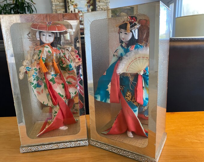 Vintage Asian GEISHA Shadow Box Silk Kimono Japanese Diorama 3D Lucite ...