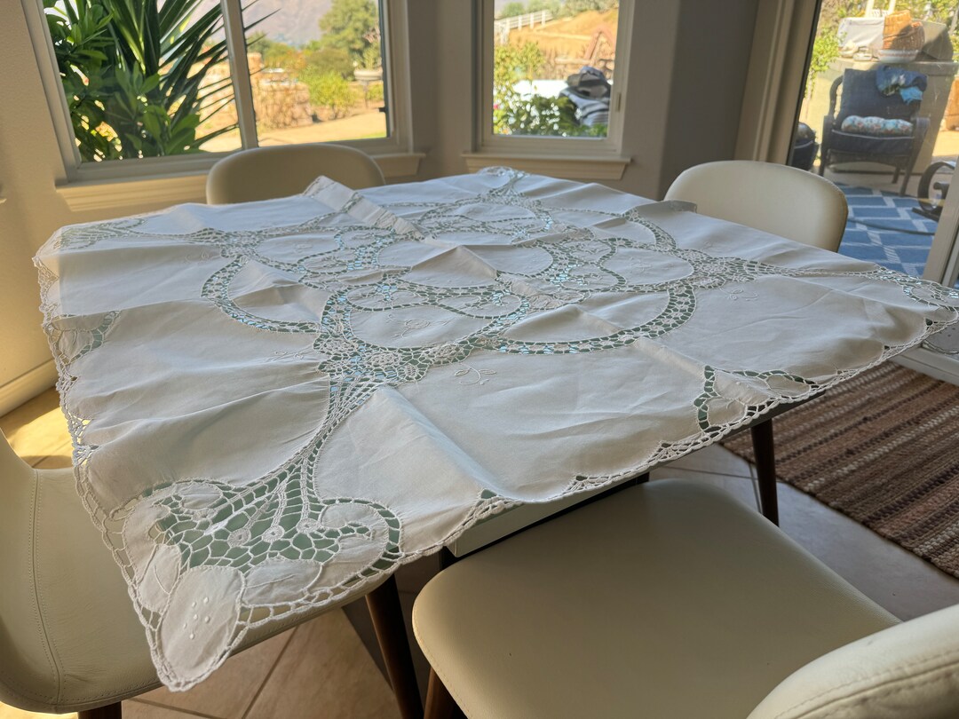 Vintage White Battenberg Hand Made Tablecloth Square 43" X 43" - Etsy