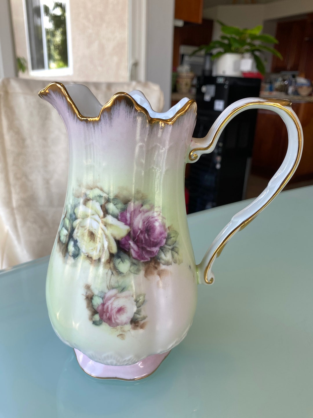 GORGEOUS ROSES PITCHER Gold Gilt Trim Porcelain Treasures Fine ...