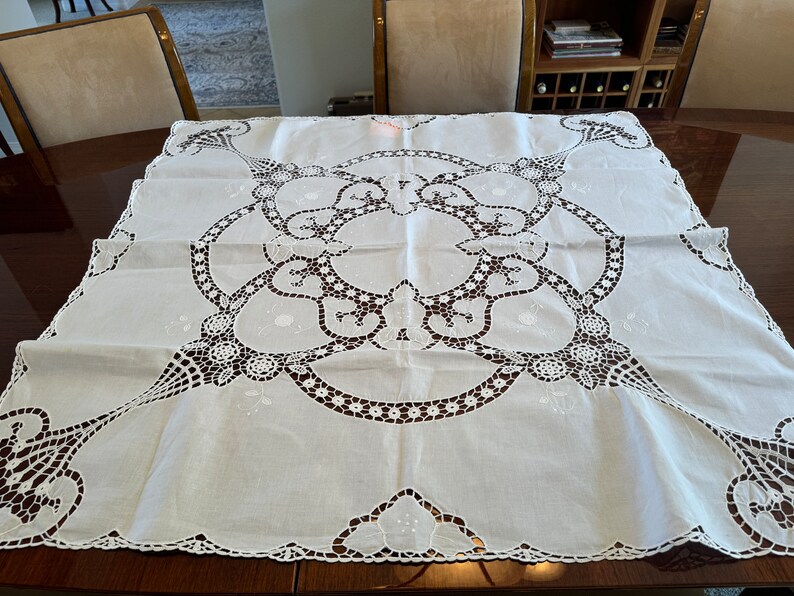 Vintage White Battenberg Hand Made Tablecloth Square 43" X 43" - Etsy