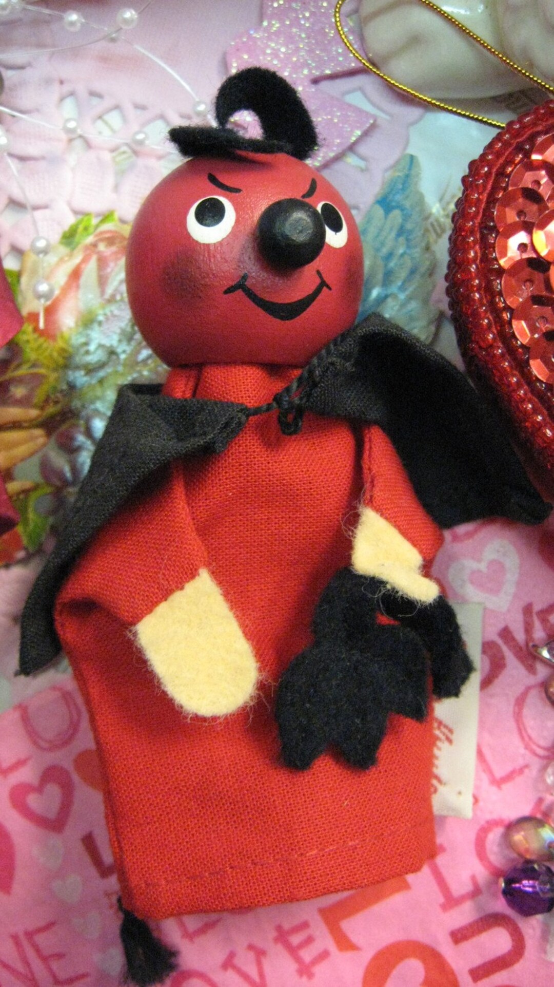 Vintage Devil Finger Puppet Kruse Red Black Play Pupeteer Cloth Wood ...