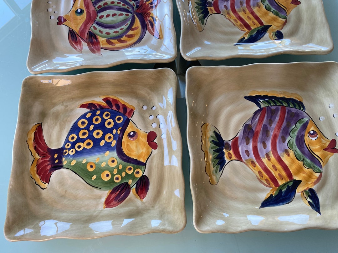 Dario Farrucci FISH Square Dinner Plates Handpainted Set of 4 Designer ...