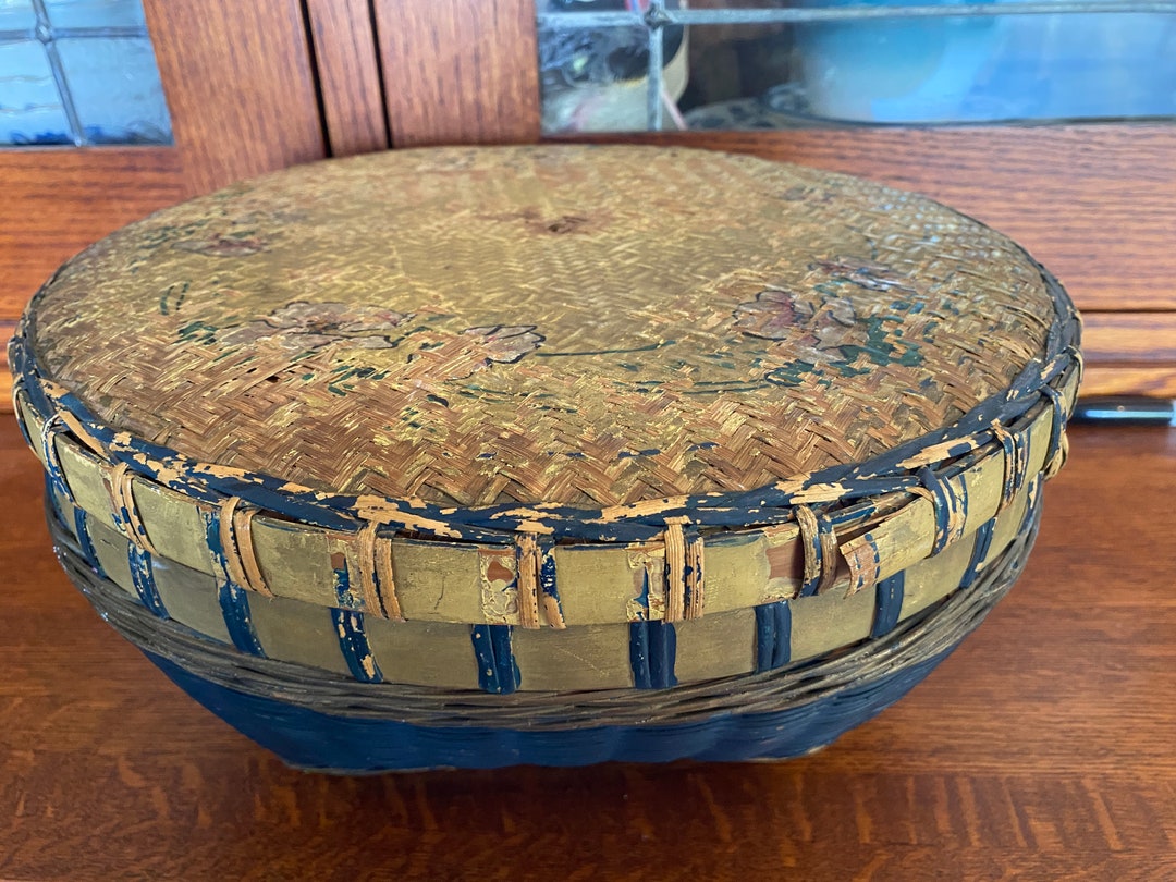 Antique Chinese Woven Bridal Basket, Hand Painted Floral Lid, Wicker ...