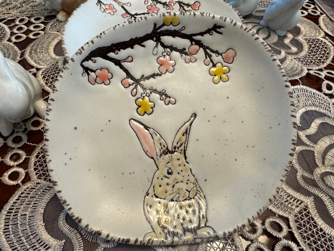 Pottery Appetizer Plate Set 4 Spectrum Easter Bunny Set Rabbit Garden ...